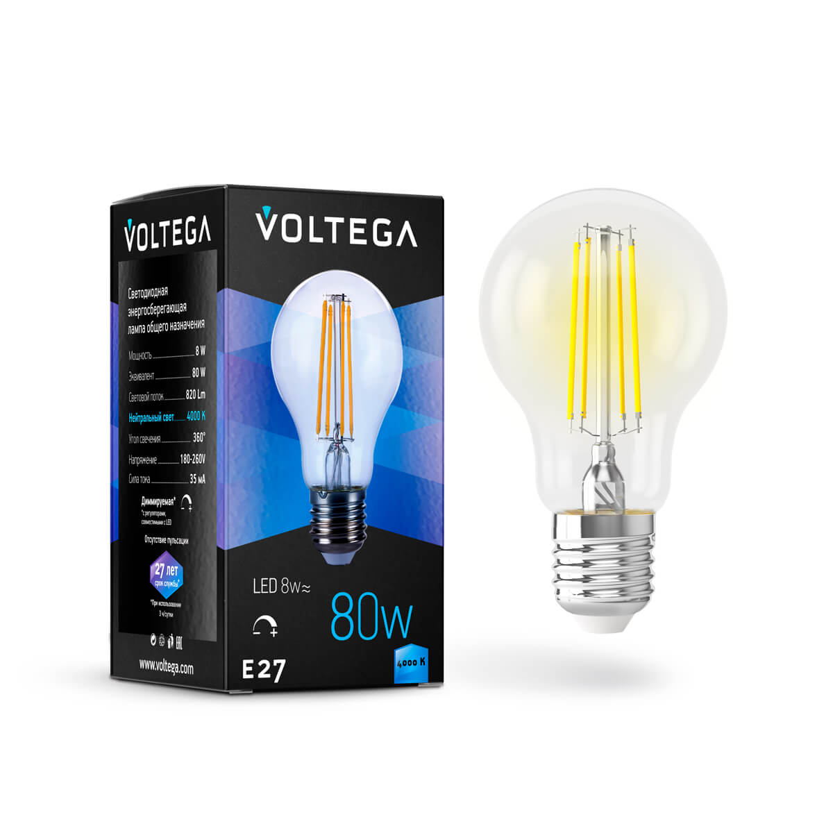 Лампа светодиодная филаментная диммируемая Voltega E27 8W 4000К ...