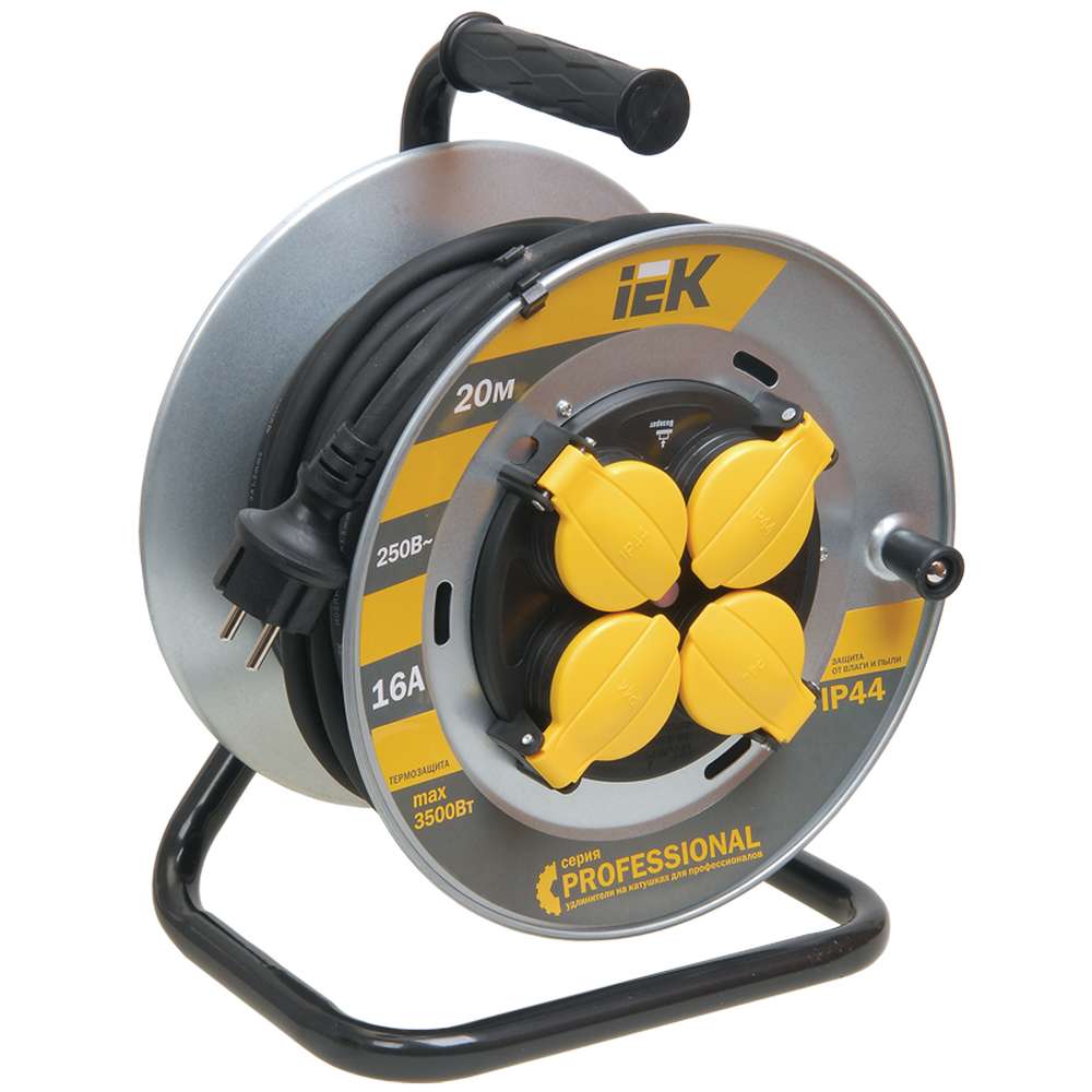Катушка УК20 на мет с термозащитой 4 места 2P PE/20м КГ 3х1,5мм2 IP44 PROFESSIONAL IEK WKP16-16 ...