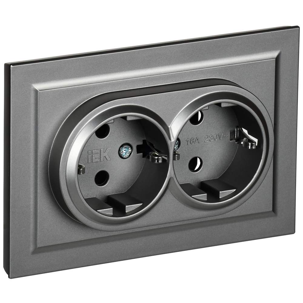 BRITE Розетка 2-местная с заземлением с защитными шторками 16А в сборе РСш12-3-БрС сталь IEK BR ...