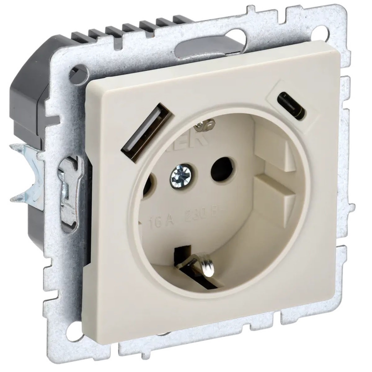 Розетка 1-местная 16А с USB A С 18 Вт IEK Brite с зазем и защит шторками РЮш11-1-БрКр бежевая BR ...