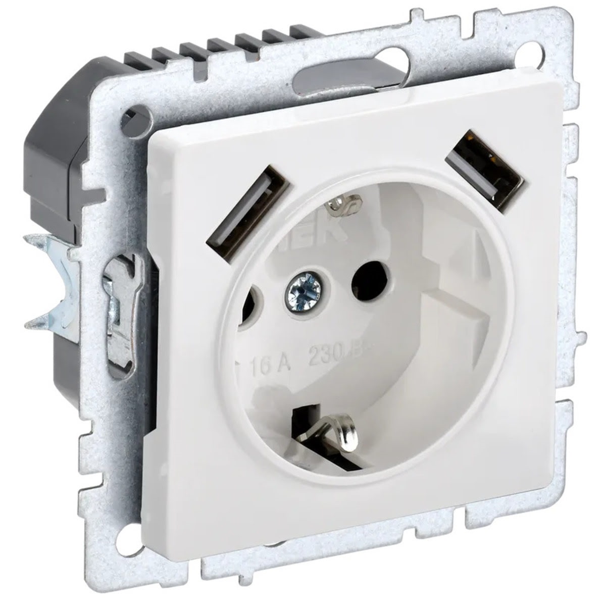 Розетка 1-местная 16А с USB A A 2 1А IEK Brite с зазем и защит шторками РЮш10-1-БрБ белая BR-R14 ...