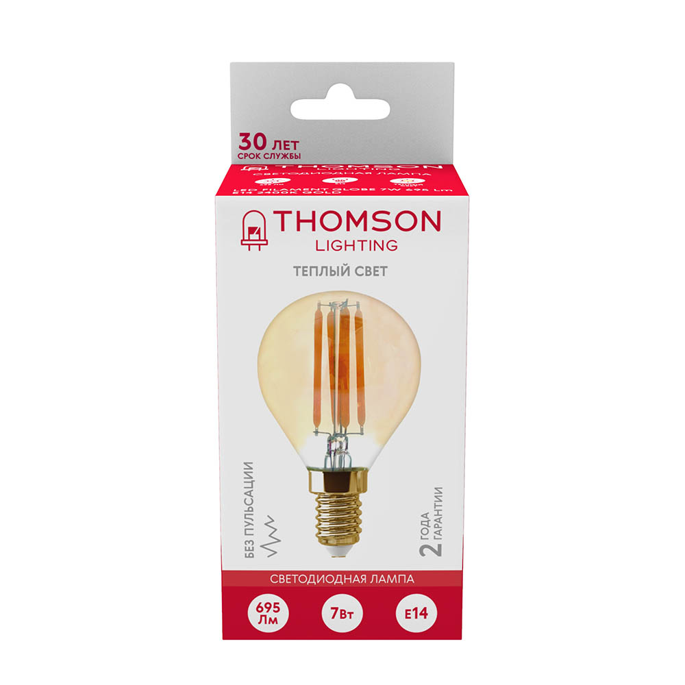 Лампа светодиодная филаментная Thomson E14 7W 2400K шар прозрачная TH ...