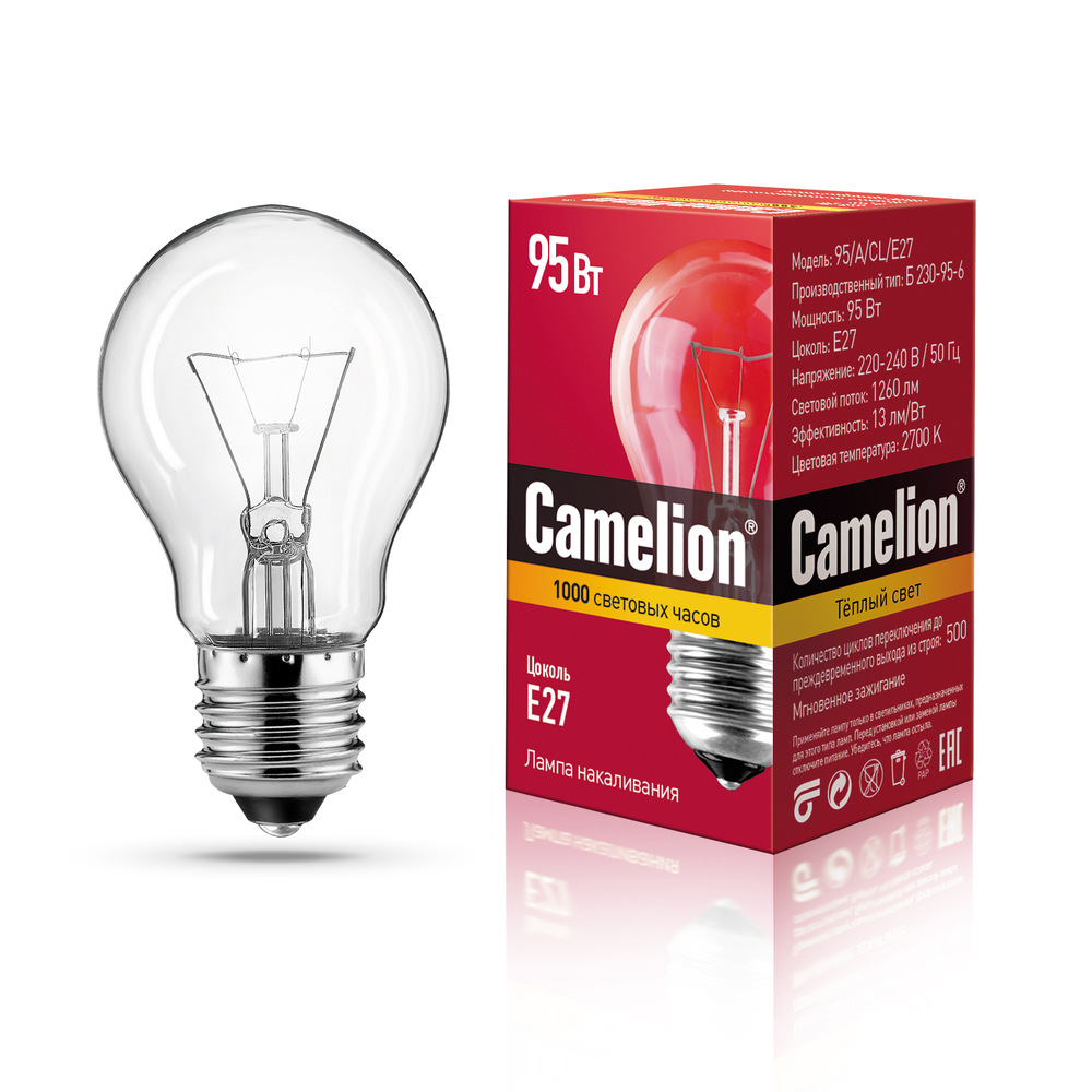 Лампа накаливания Camelion E27 95W 95/A/CL/E27 10279 ⚡ — купить с ...